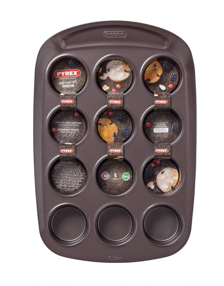 Pyrex Asimetria 12‑Cup Easy‑Grip Muffin Tray – Non‑Stick Carbon Steel ...