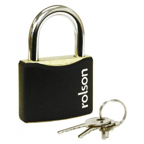 Rolson 60mm Black Steel Padlock – Steel Body, Brass Cylinder, 3 Keys ...