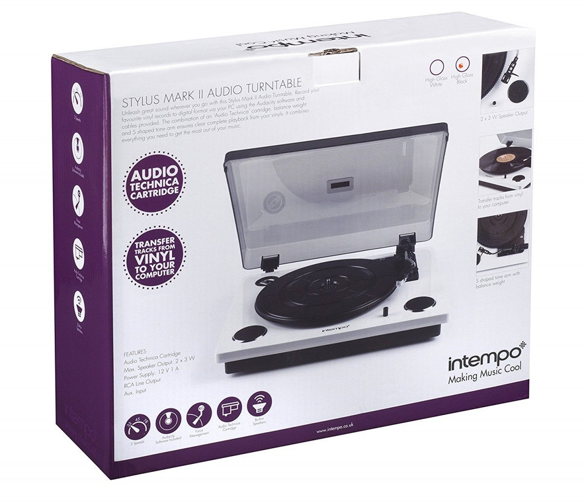Intempo Stylus Mark II Turntable Record Player, White | Mahahome.com